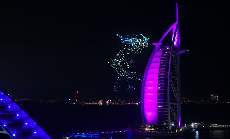 World record drone show - dragon flies around Burj Al Arab