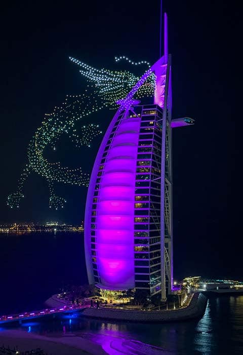 World record drone show - dragon flies around Burj Al Arab